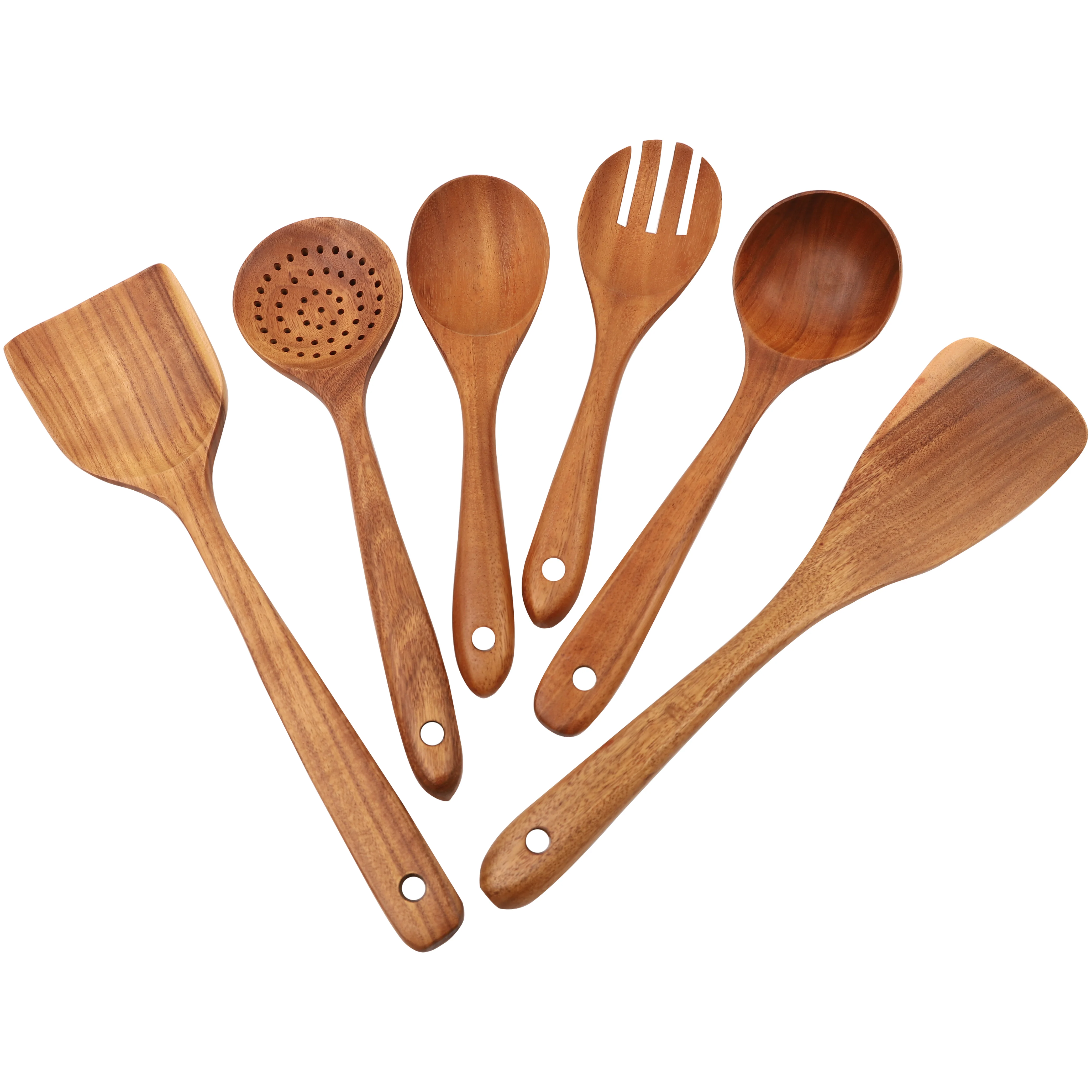 Acacia Wood Cooking Tools Natural Utensils Set 6 Piece Kitchen Spoons ...