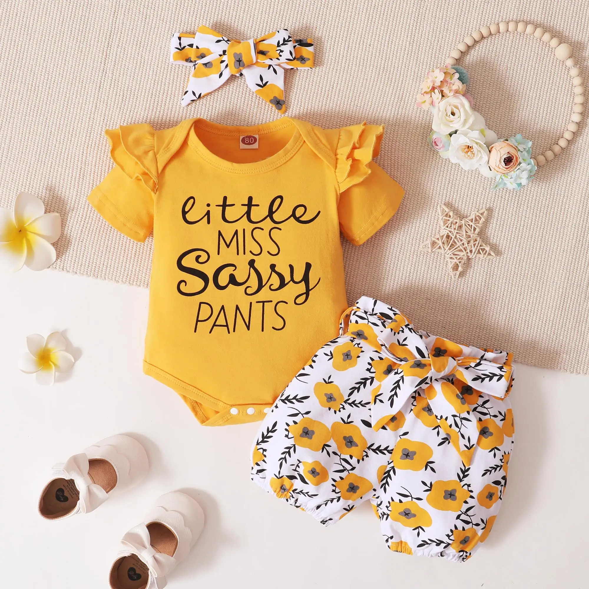 Yellow Baby Girl Romper Sets Newborn Baby Romper Set Three-Piece Letter ...