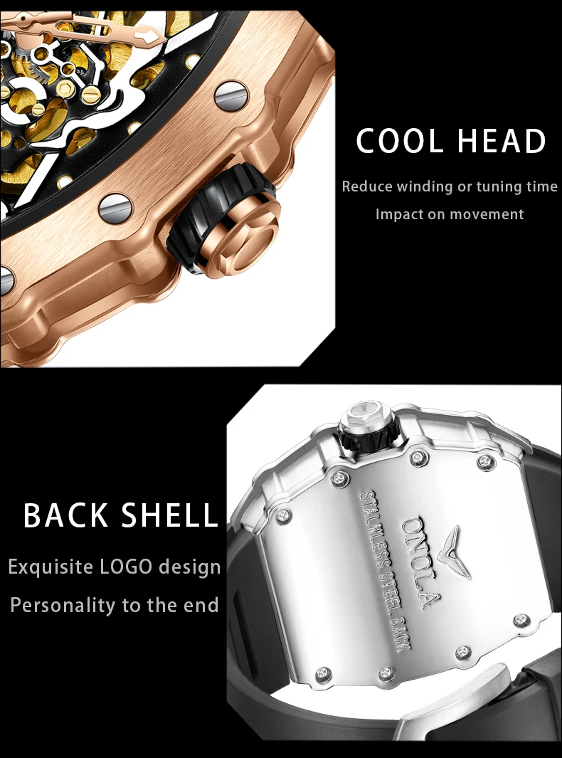 ONOLA 3829 Luxury Tonneau Skeleton Mechanical Wristwatch