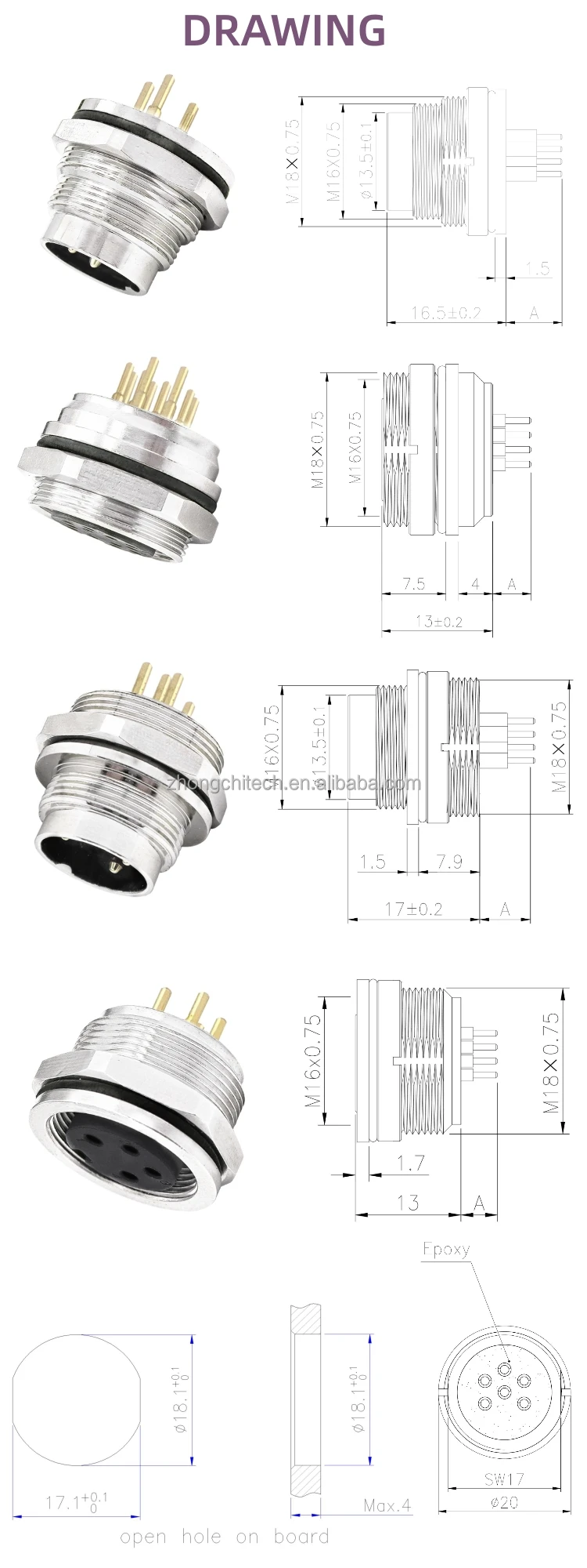 M16 Binder Connector Soldering Pins Of Pcb Socket 2 3 4 5 6 7 8 12 14 ...