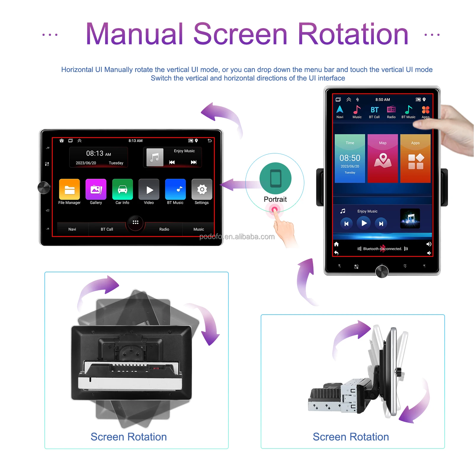 Podofo 10.4" Rotated Screen 1 Din Android Car Radio 2+64G Carplay ...