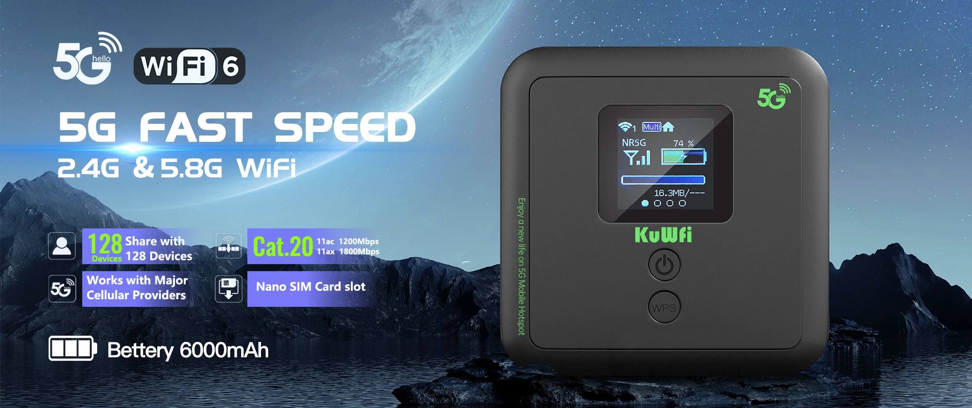 Portable Wifi 5g Router Kuwfi 5g01 6000mah Sdx62 Wifi6 Router 128 Users ...