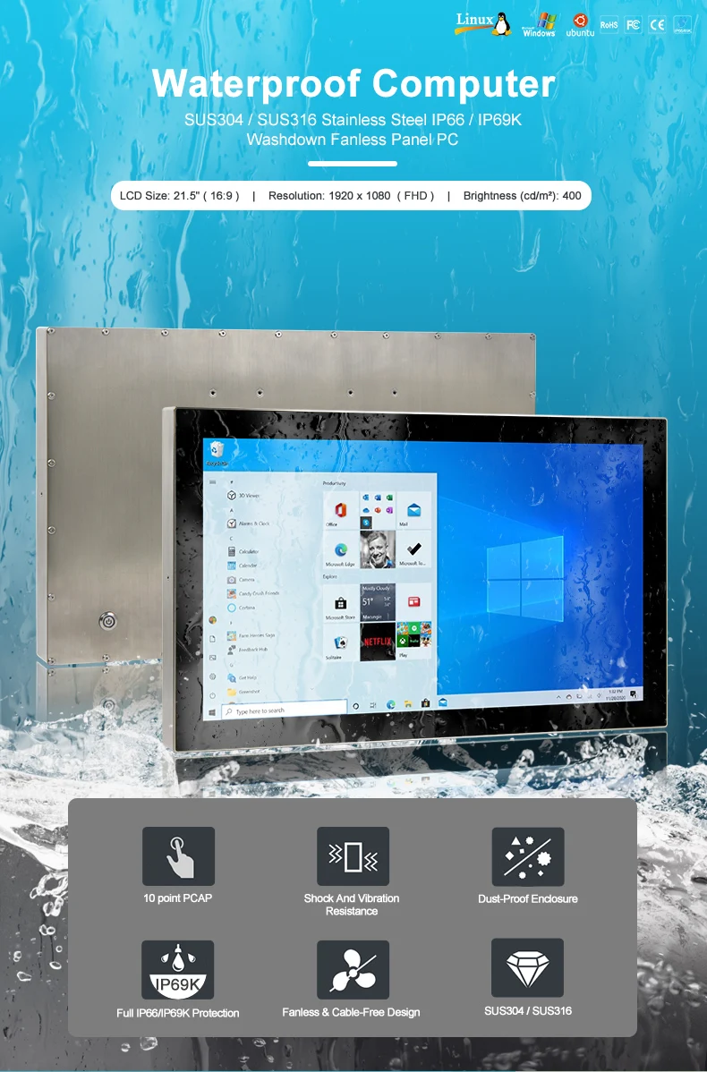 Flat Touch Screen Industrial Pc 21.5 Inch Waterproof Tablet Pc J6412 ...