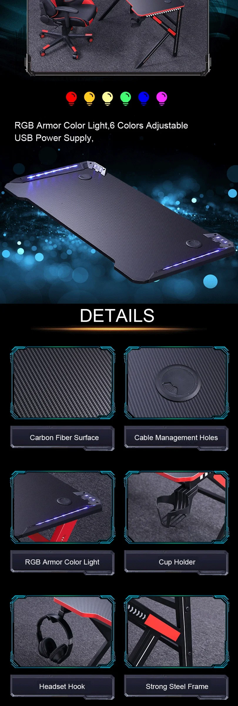 Custom Large Computer Racing RGB Light Gamer Table Set