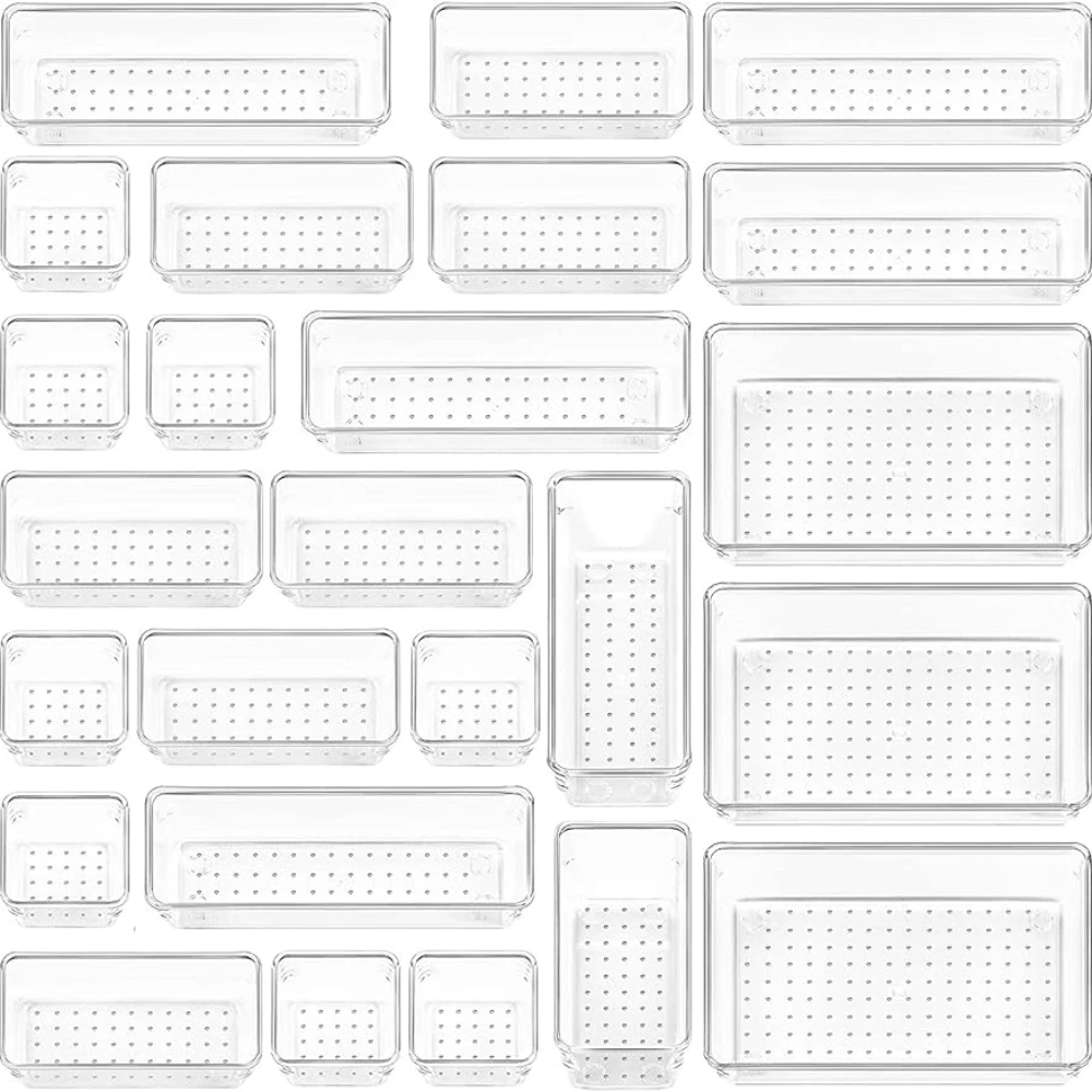 25 Pcs Clear Plastic Drawer Organizers Set 4-size Versatile Bathroom ...