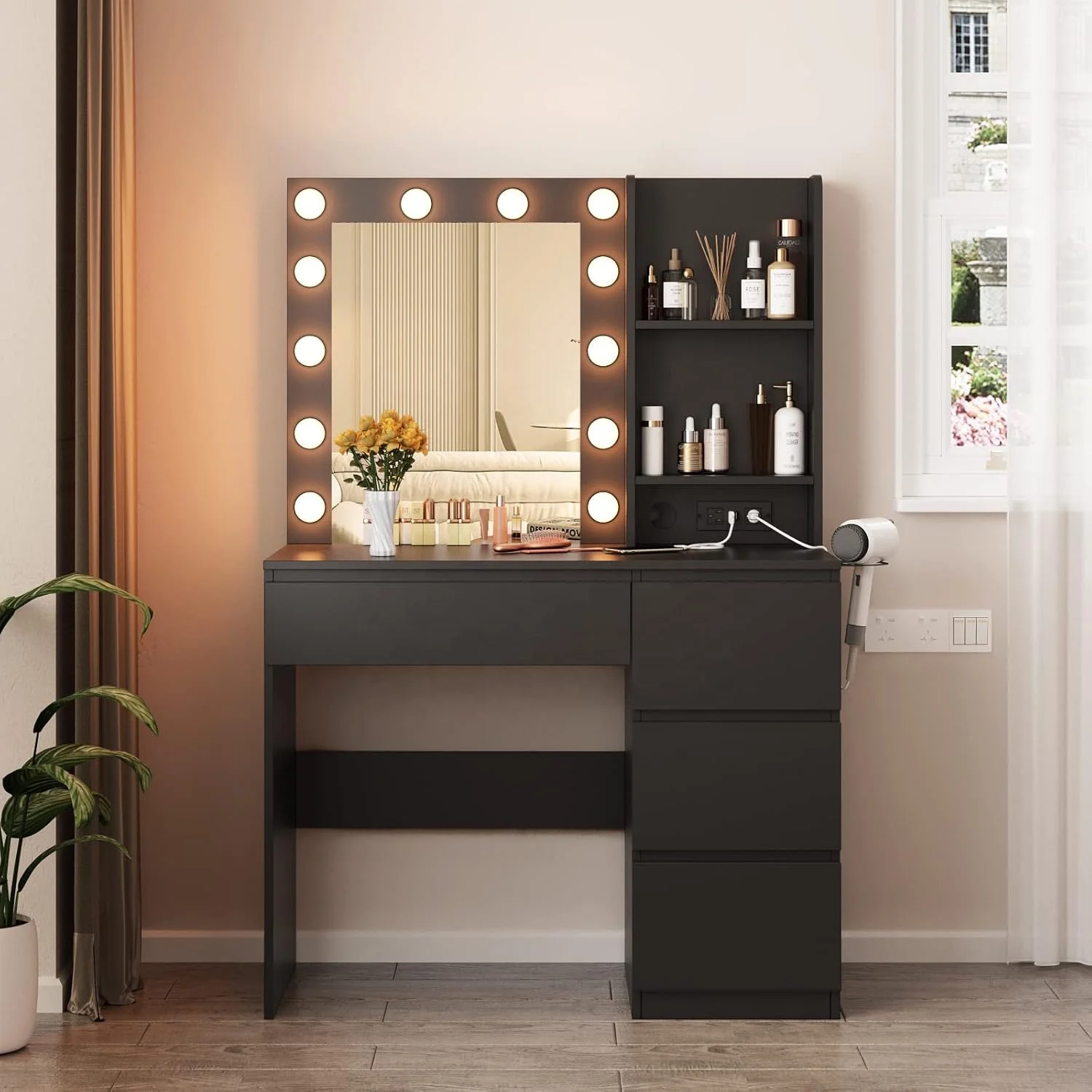 Black Make up Dressing Table Bedroom Furniture Wooden Mirror LED Light ...