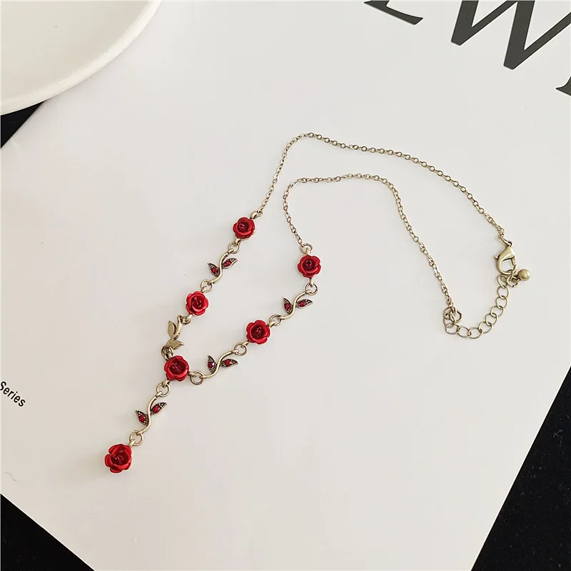 Popular Red Rose Jewelry Set Gold Plated Necklace Romantic Flower ...