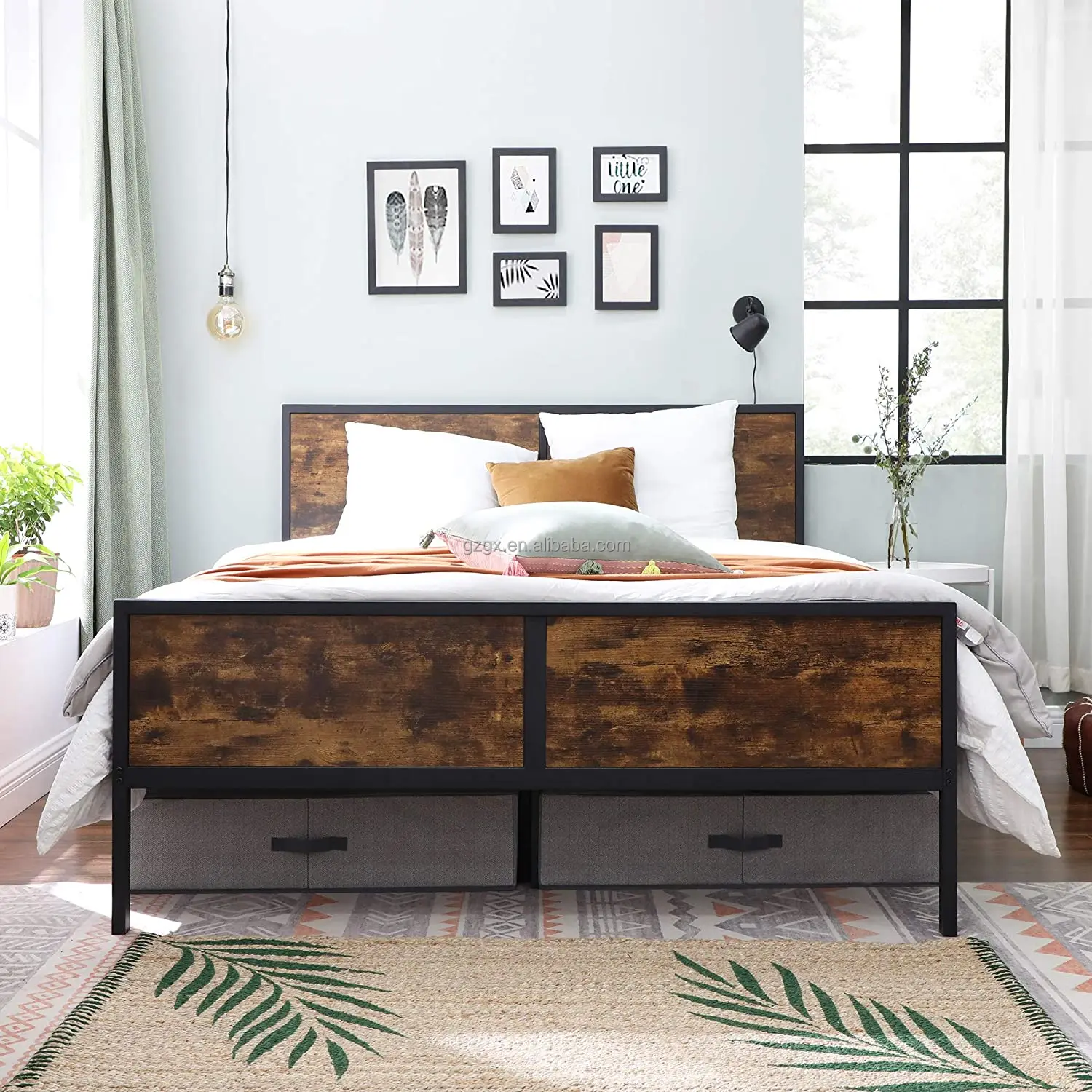 Industrial Style Rustic Brown And Black Metal Bed Frame With Headboard ...
