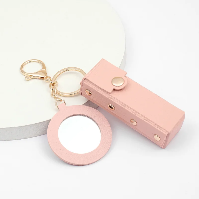 Leather Lipstick Case Keychain With Mirror Chapstick Keychain Holder ...