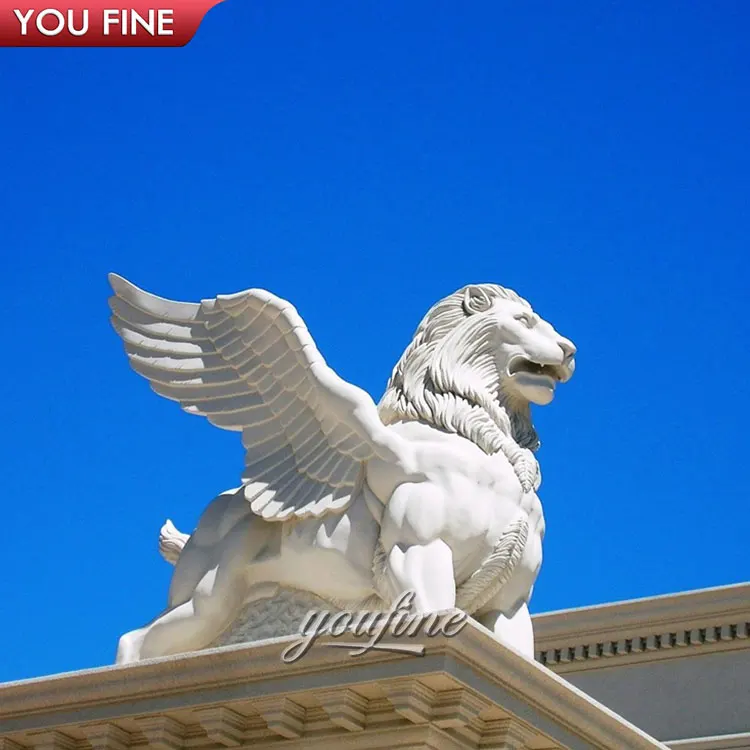 Outdoor Garden White Marble Flying Wings Lion Sculpture