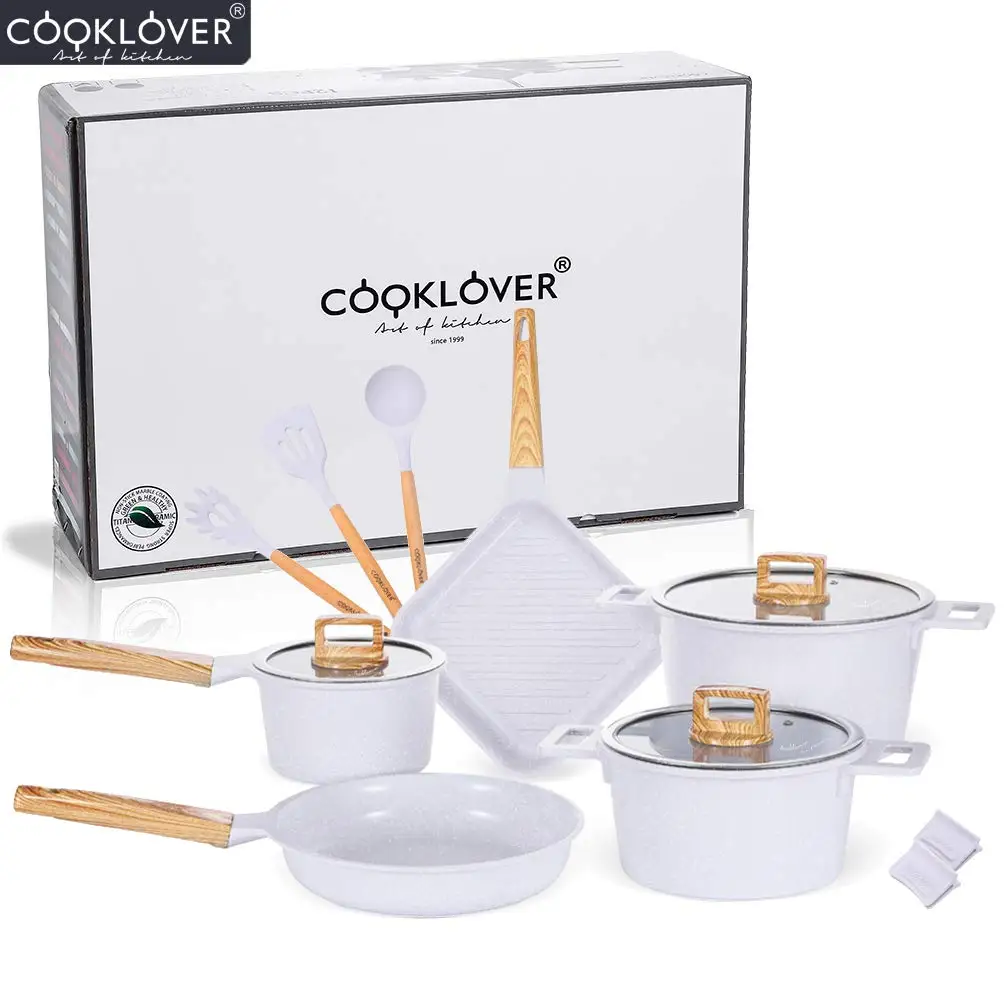 Cooklover White Granite Pot Set Woorden Handle Non Stick Cookware Set ...