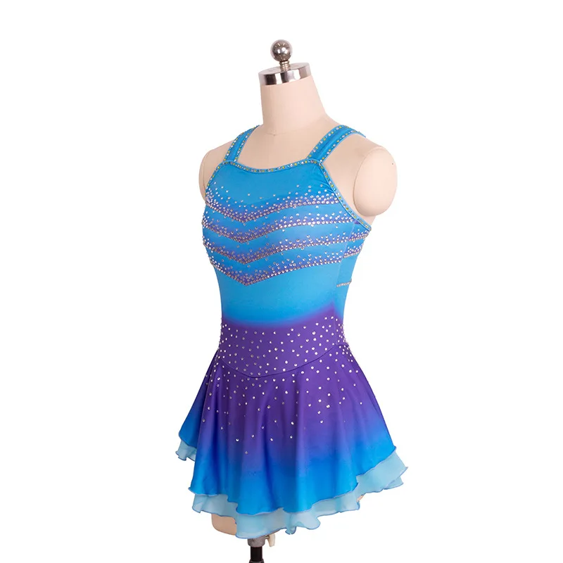 Custom Made Nylon Ice Skating Dresses with Blue & Purple Sequins