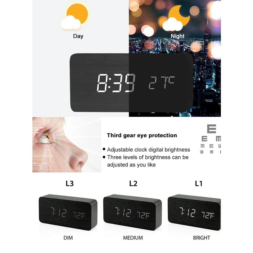 Usb Clocks Led Wooden Alarm Clock Watch Table Voice Control Digital ...