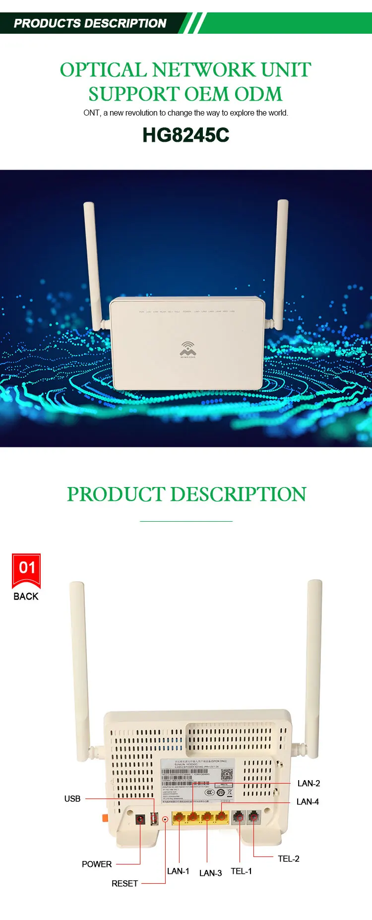 Customized LOGO FTTH HG8245C ONU 4FE/1GE 3FE 1POTS USB WIFI GPON EPON XPON ONT English Firmware ...