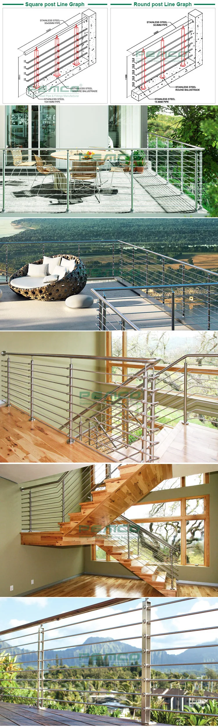Outdoor Deck Round Pipe Tube Balustrade Stainless Steel Balcony Deck ...