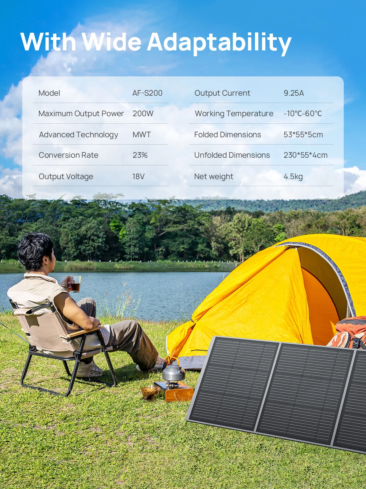 Camping with Aferiy AF-S200A1 Solar Panels - 200w Portable