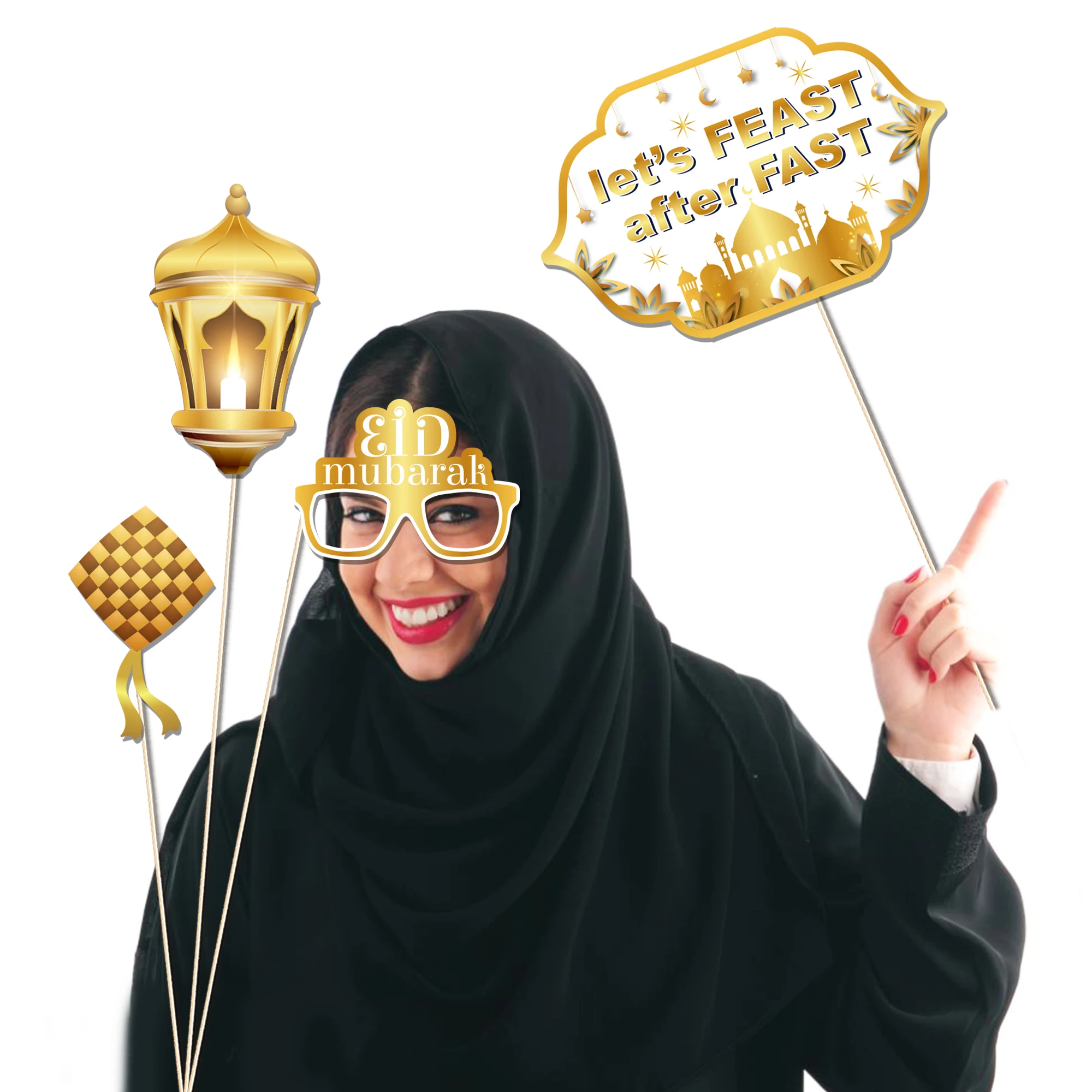 Pz279 Eid Mubarak Photo Booth Props White Gold Photo Props With Sticks ...