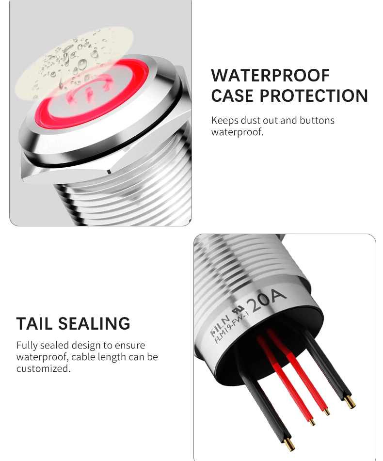 20a High Current 19mm Illuminated Stainless Steel Metal Button Switches ...