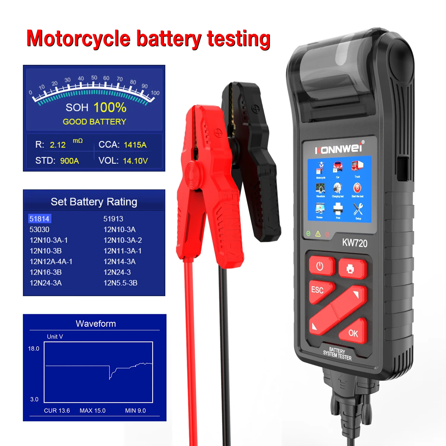 Konnwei Kw720 Voltage Battery Tester With Integrated Printer 6v-12v-24v ...