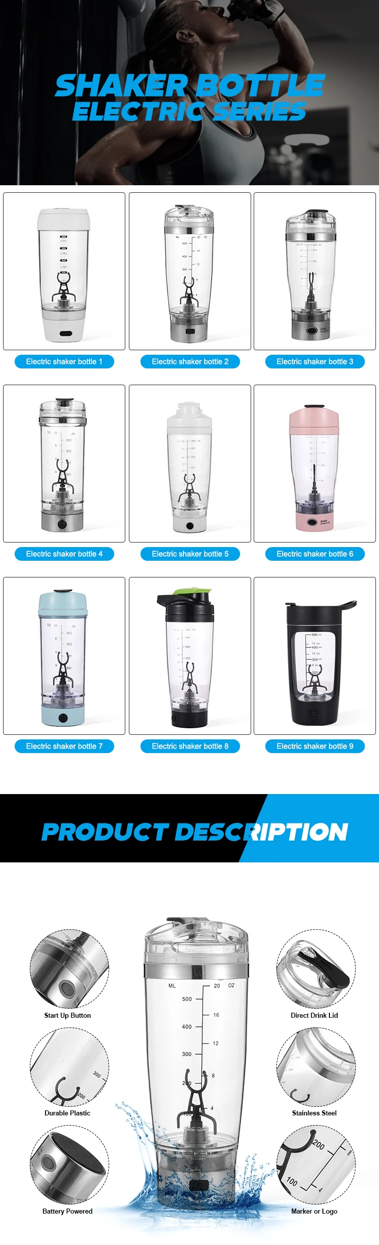 500ml 750ml Girl Pink Plastic Protein Shaker Bottle with USB Charge