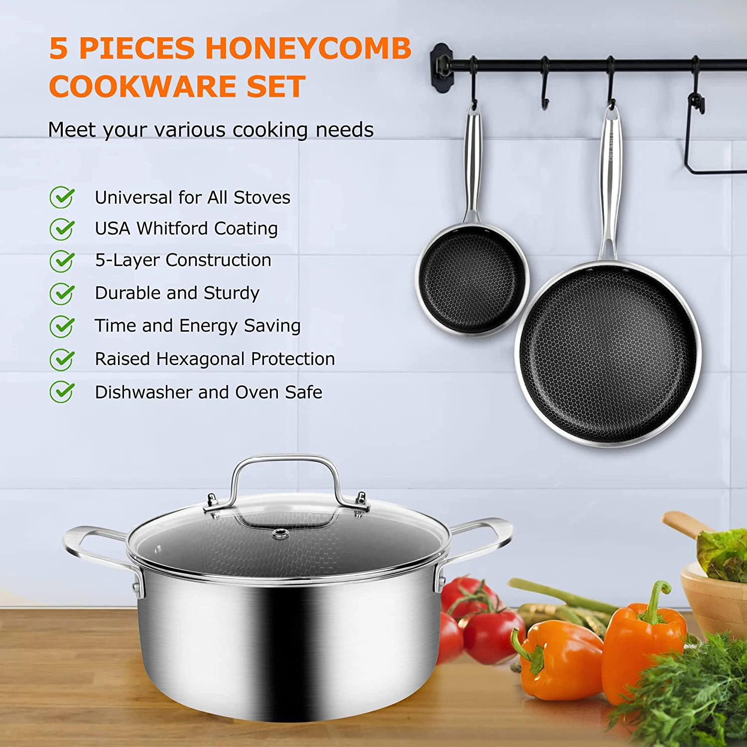 Hot Sale Honeycomb 5 Pcs 3-ply Stainless Steel Kitchenware Non Stick ...