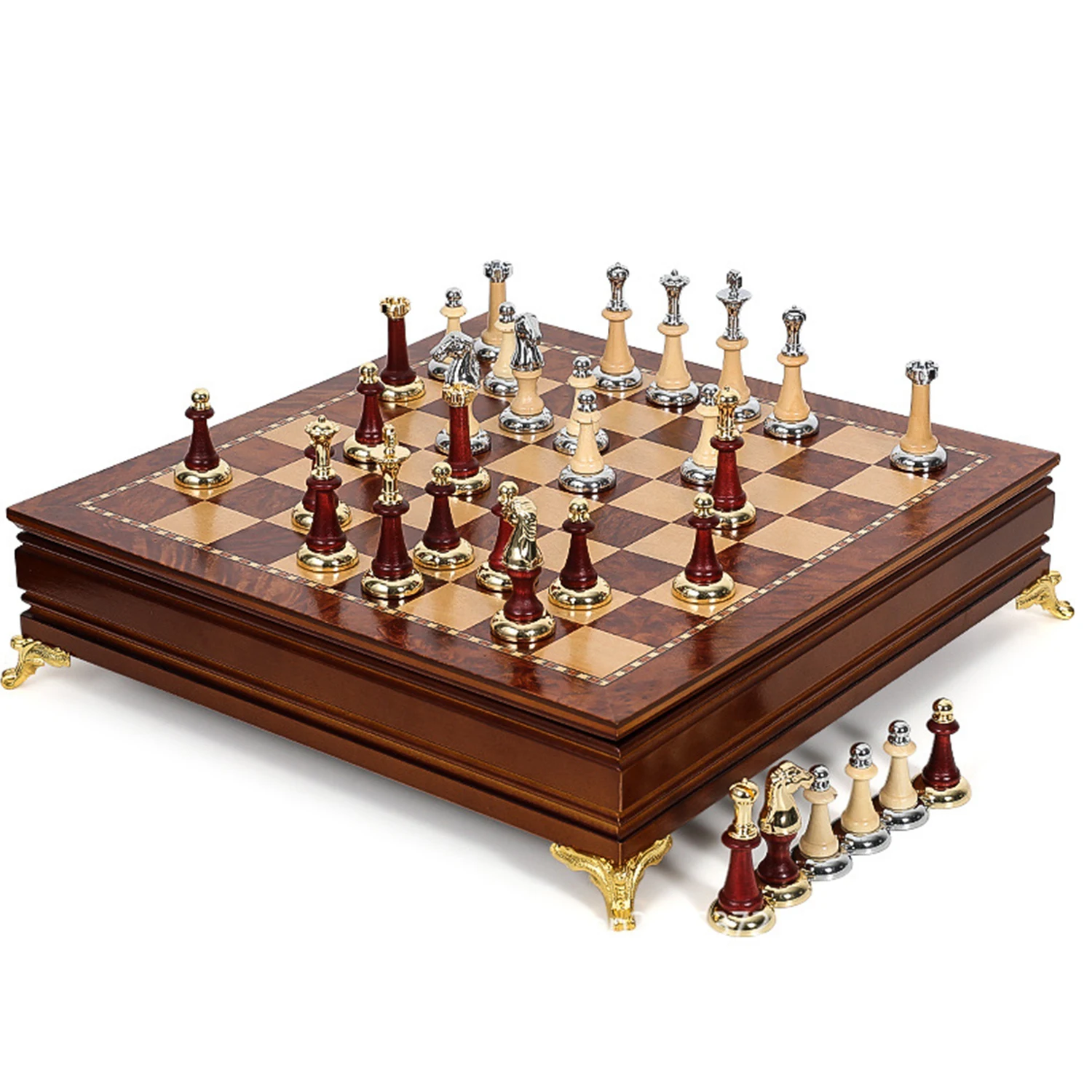 Wooden Chess Set With Metal Chess Pieces With Chess Pieces & Storage ...