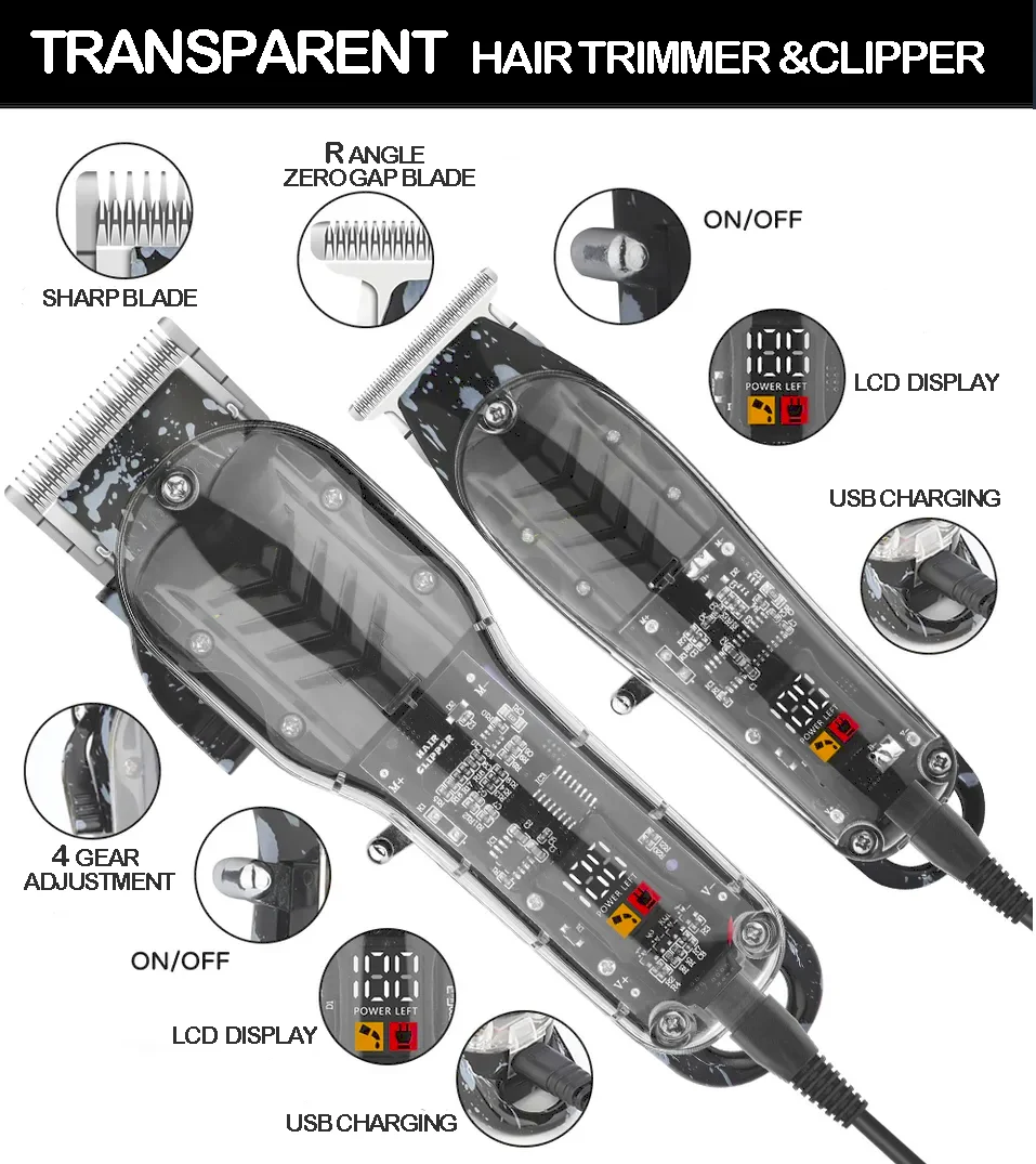 Best Transparent Hair Trimmer Clippers Sets for Men USB Cordless ...