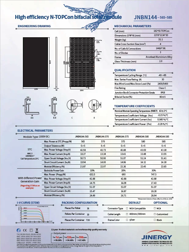 Jinergy High Efficiency N-topcon Bifacial Mono Pv Solar Module 575w ...