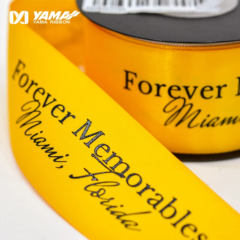 Yama Ribbon OEM 3D Puff Foil Gold Printed Satin Grosgrain