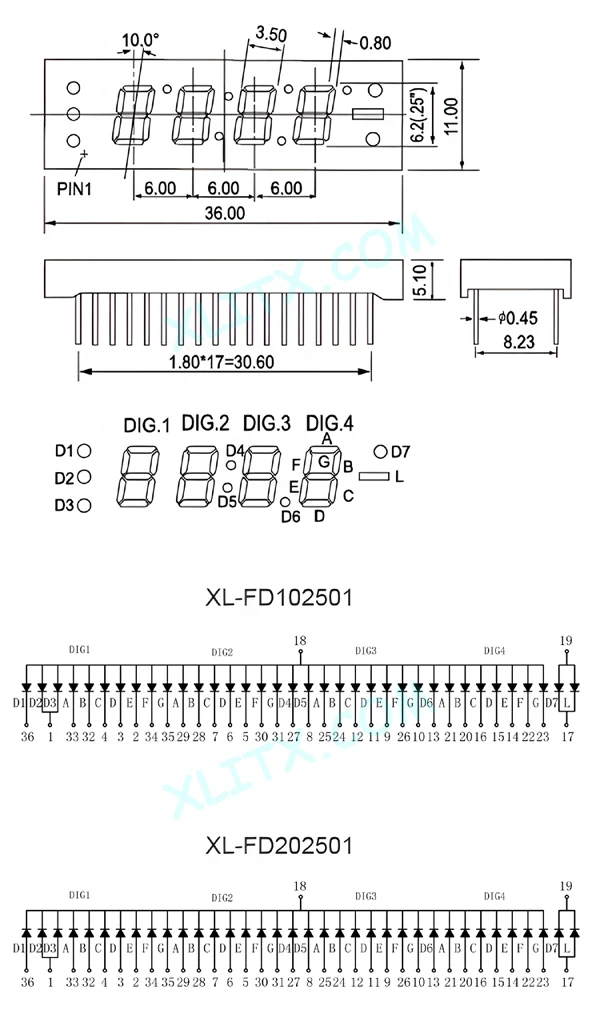 0.25-inch 4-Digit LED 7-Segment Display Red Blue Green White Yellow ...