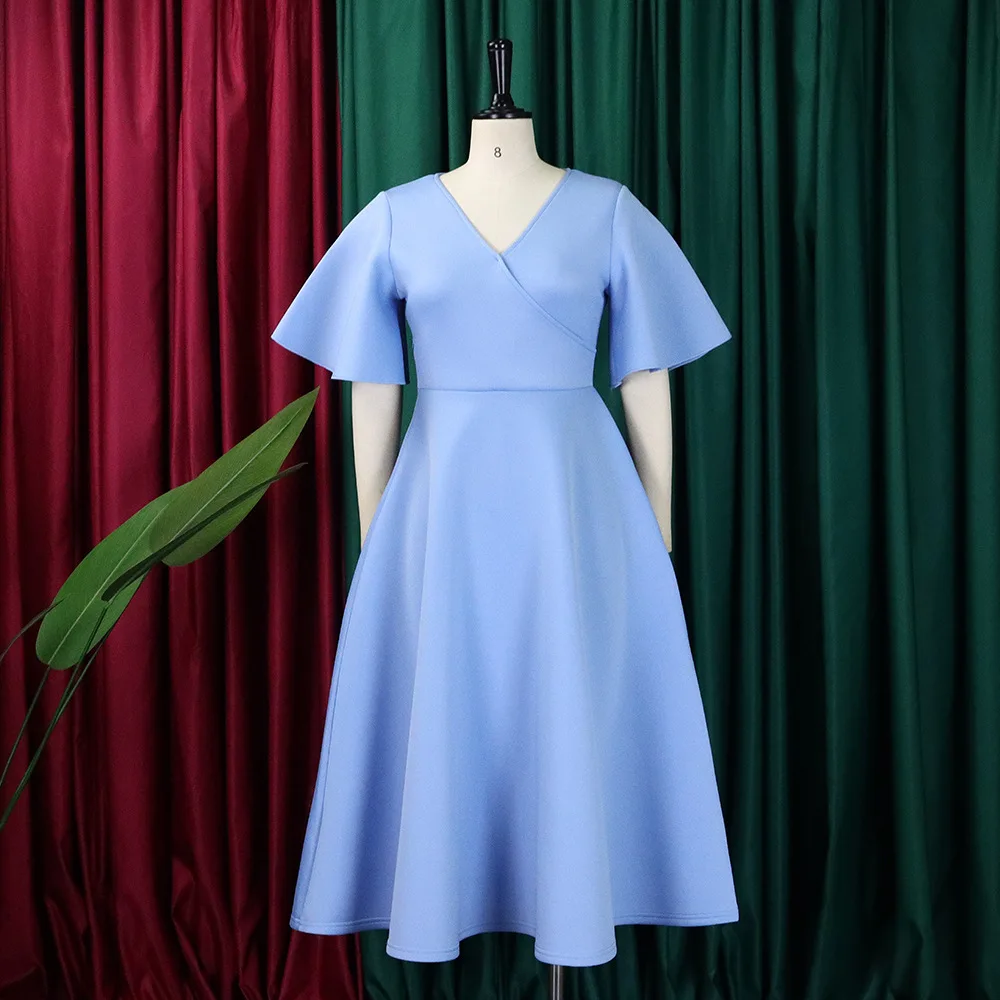 Fashion Sexy Flare Sleeve V Neck Fashion A Line Party Dresses Women Evening Dresses Women Lady
