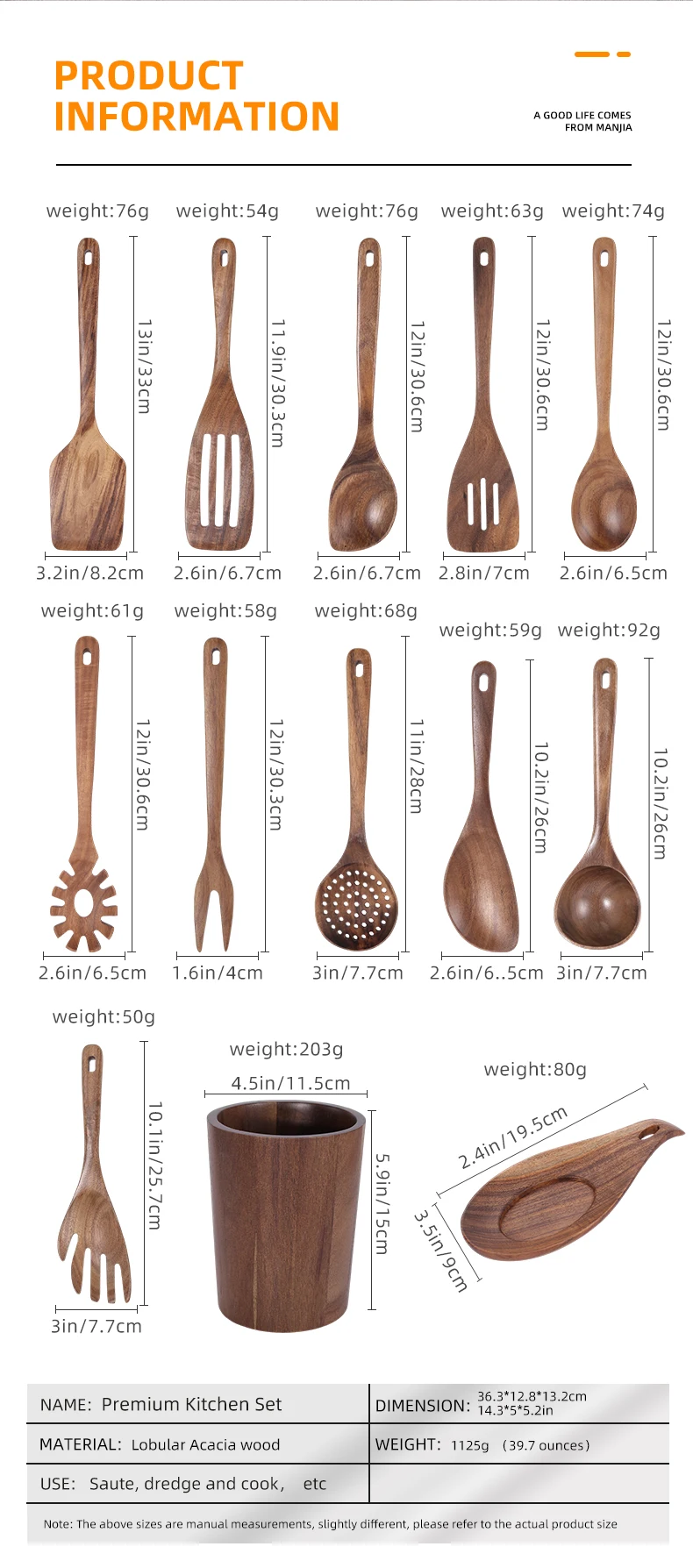 Manjia 12 Pack Kitchen Utensil Set BFLW01 With Holder Natural Wooden ...