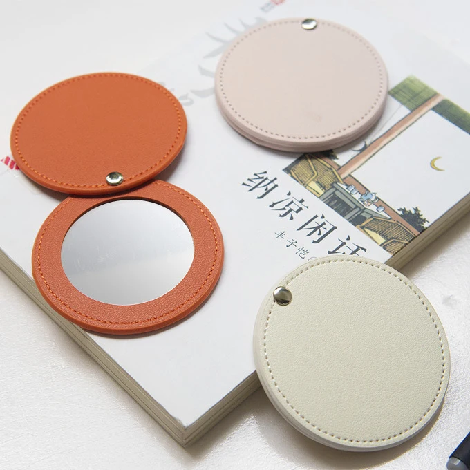 Personalized Round Pu Leather Compact Mirror For Purse - Oem Available