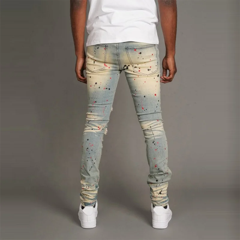 New Design Custom Jean For Man Ripped Patchwork Splash-ink Plus Size ...