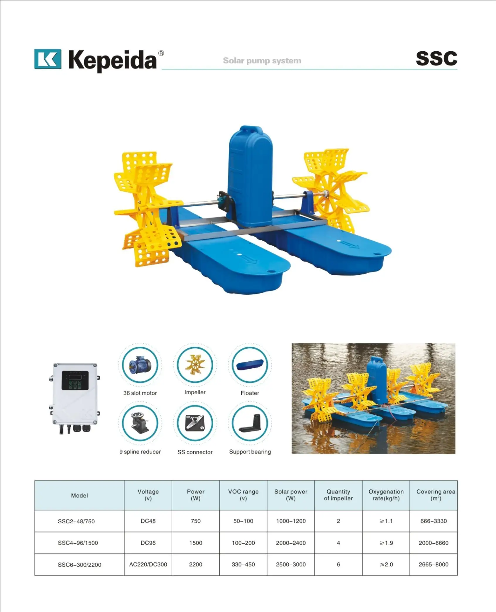 Kepeida AC DC Hybrid 6Impeller Solar Power Paddle Wheel Aerator Solar ...