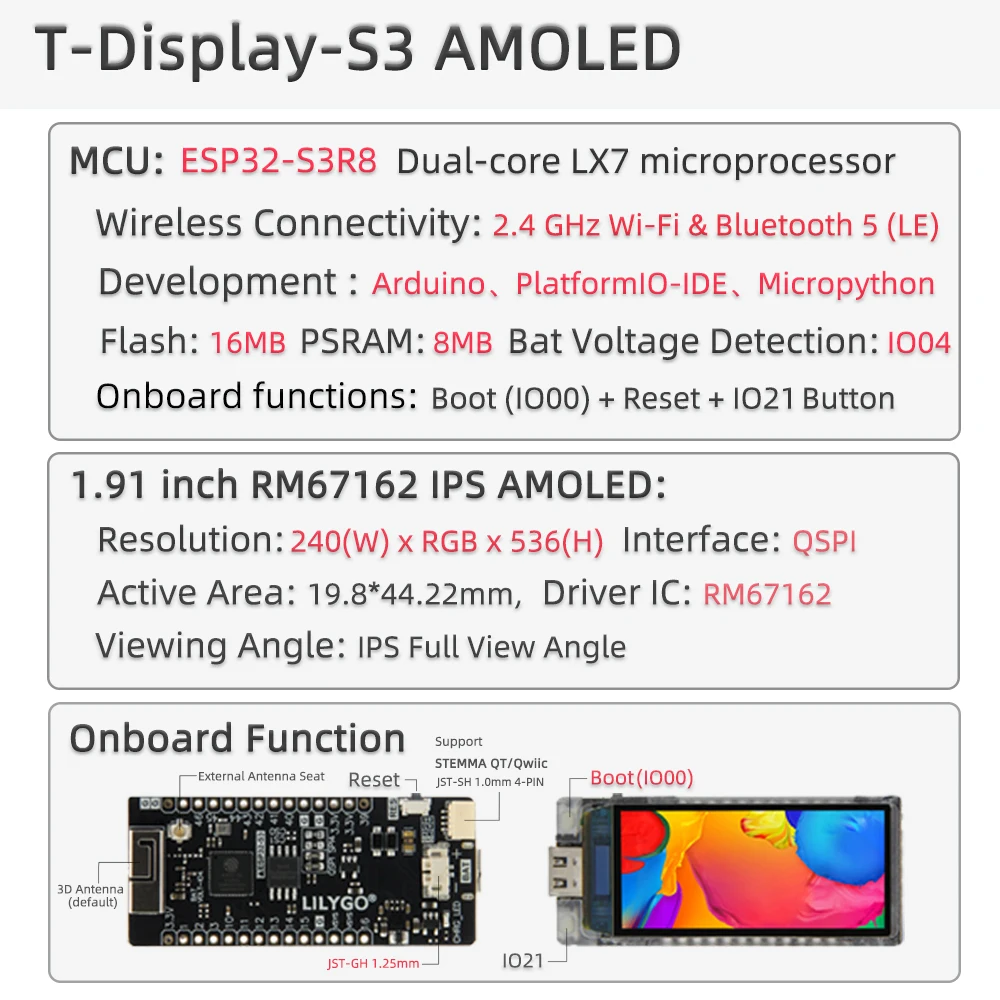 For Lilygo Esp32 T-Display-S3 AMOLED ESP32-S3 1.9inch Development Board OLED WIFI Module 5.0 ...