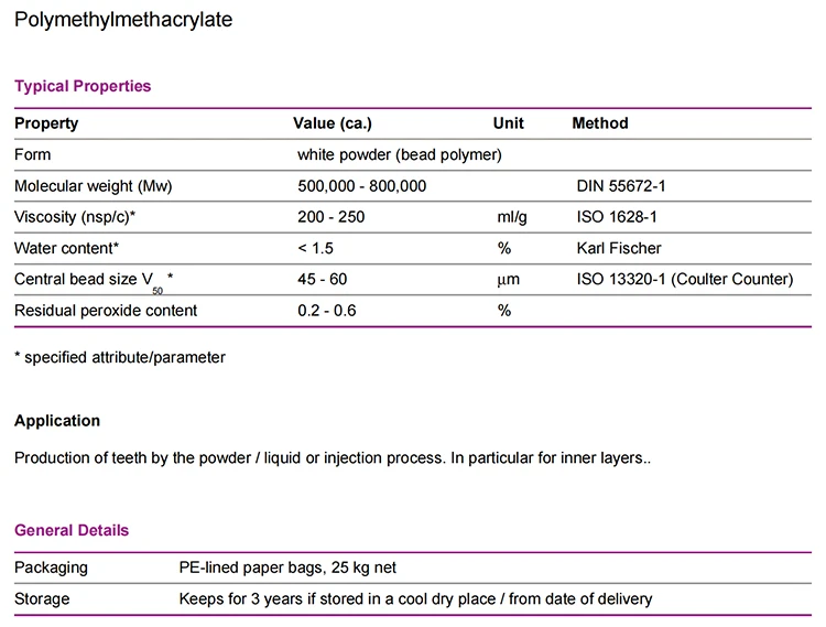 Narrow Bead Size PMMA - Acrylic Powder for Dental Uses