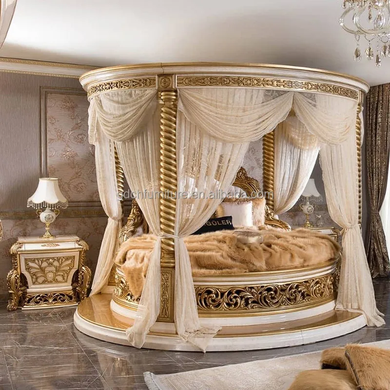 Luxury European Italian Round Bed - Solid Wood & Carved