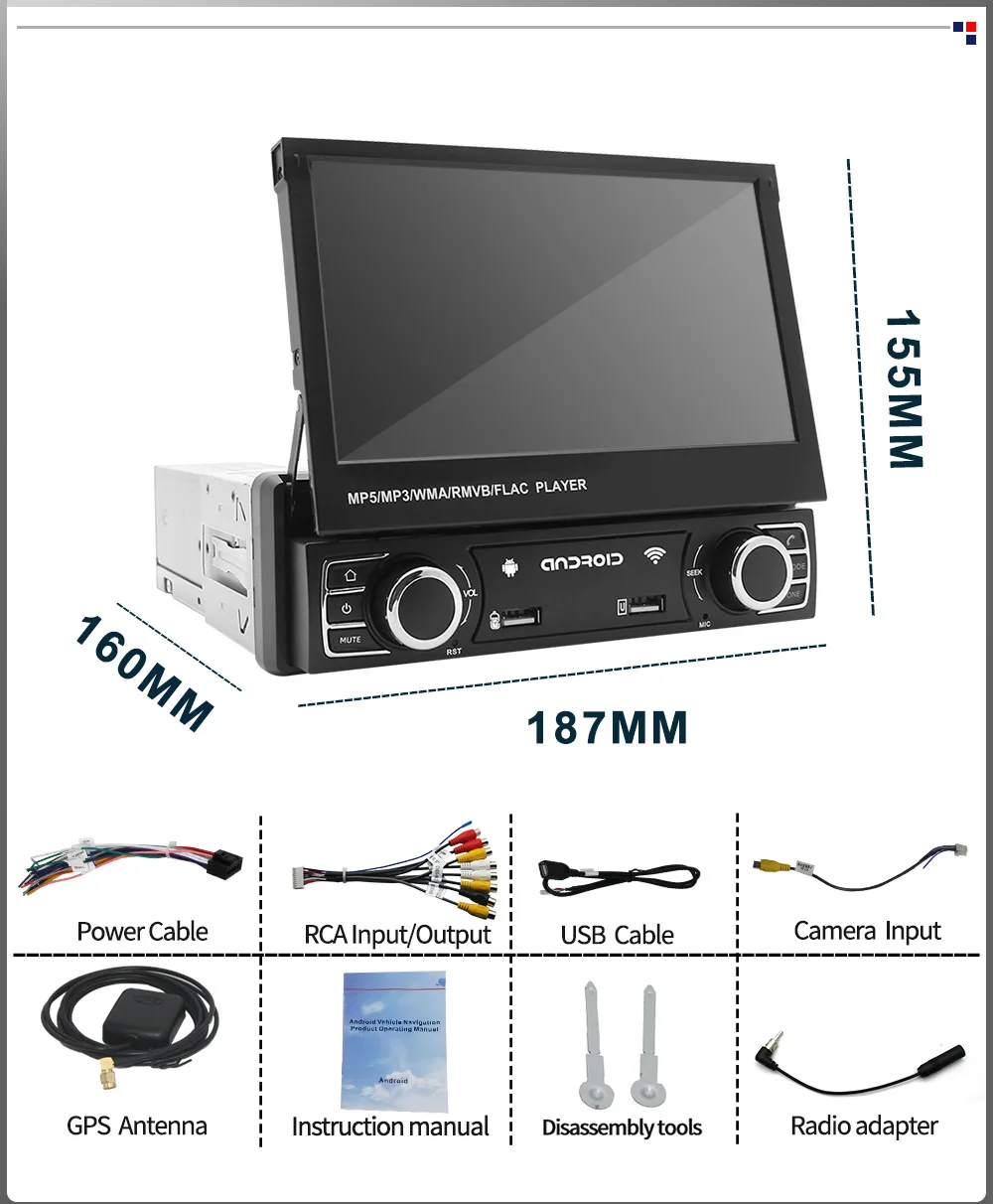 1 Din Android Car Radio - Universal MP5 Player with BT/GPS/WIFI