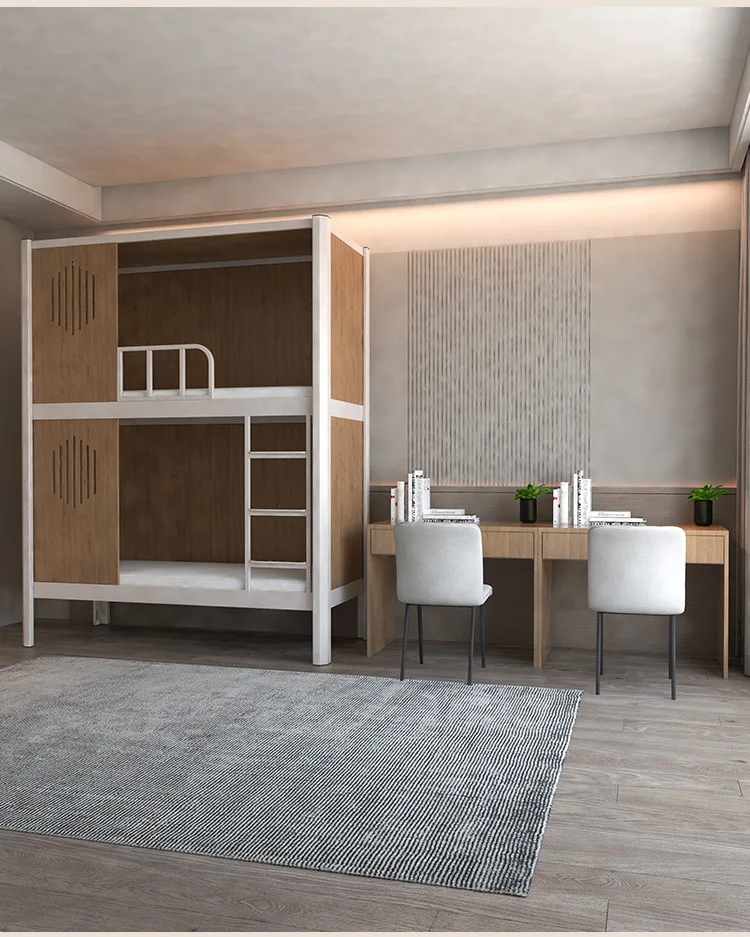 Steel Single Double Decker Bed With Curtain And Bottom Cabinet Wooden ...