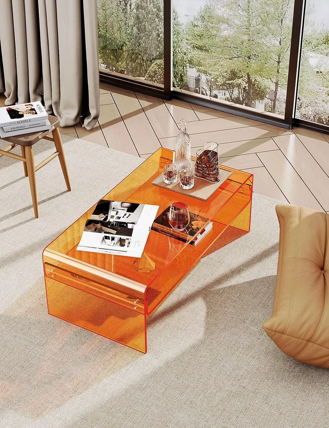 Modern Acrylic Coffee Table Orange Rectangle Acrylic End Table With Open Storage Shelf Decor Living Room