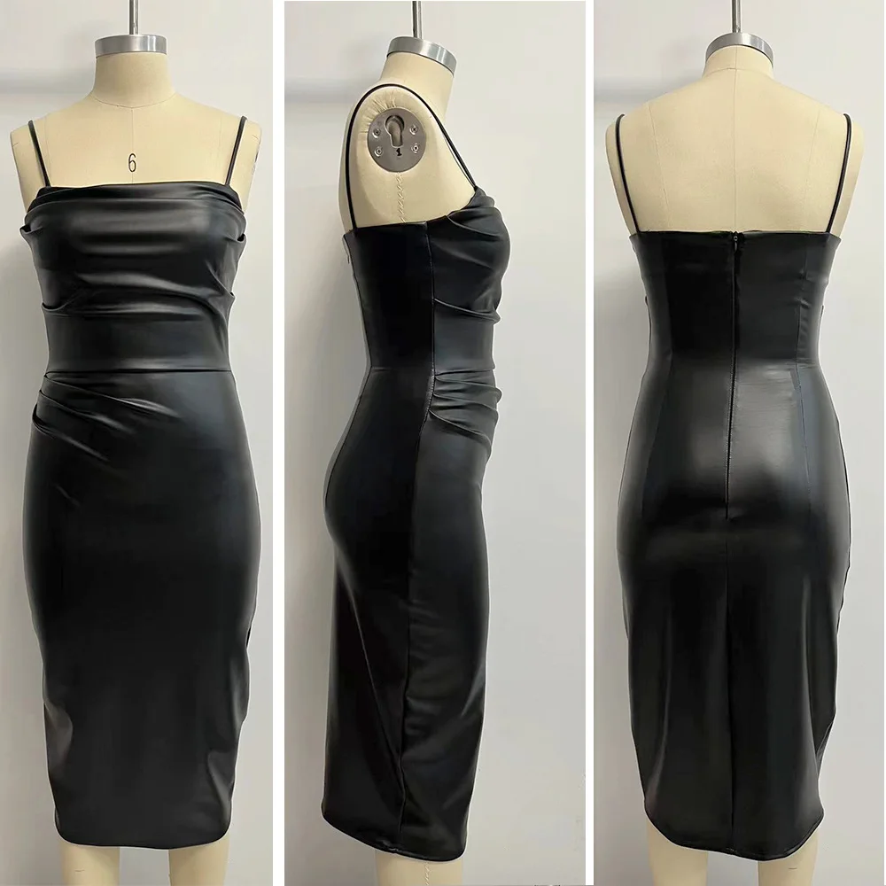 Sexy Ladies Black Pu Leather Club Wear Dress Midi Bodycon Party Dresses ...
