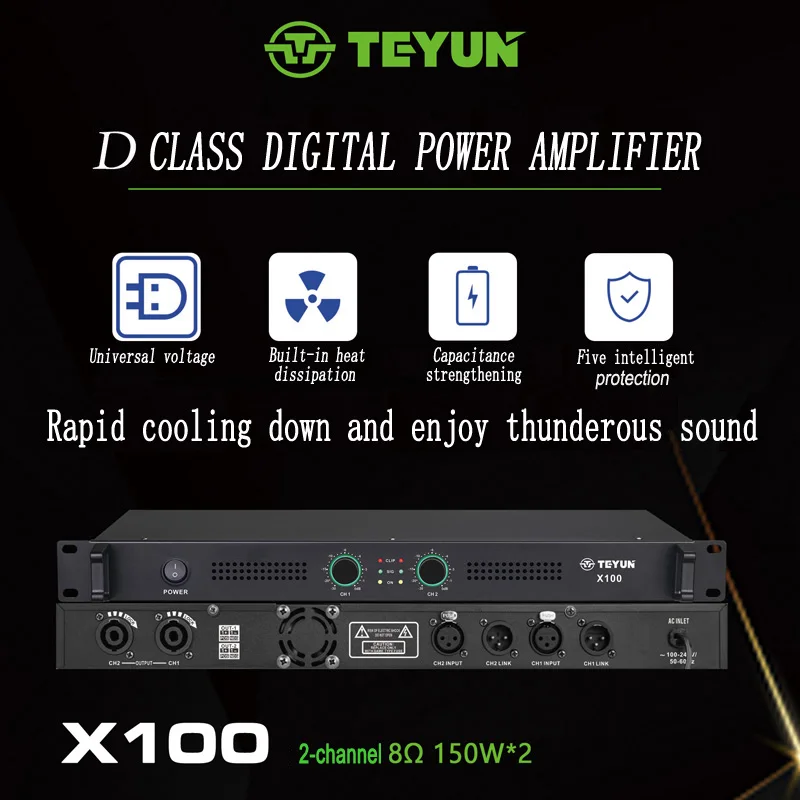X100 Power Amplifier - 1U 2-Channel 150W D Class Audio Interface