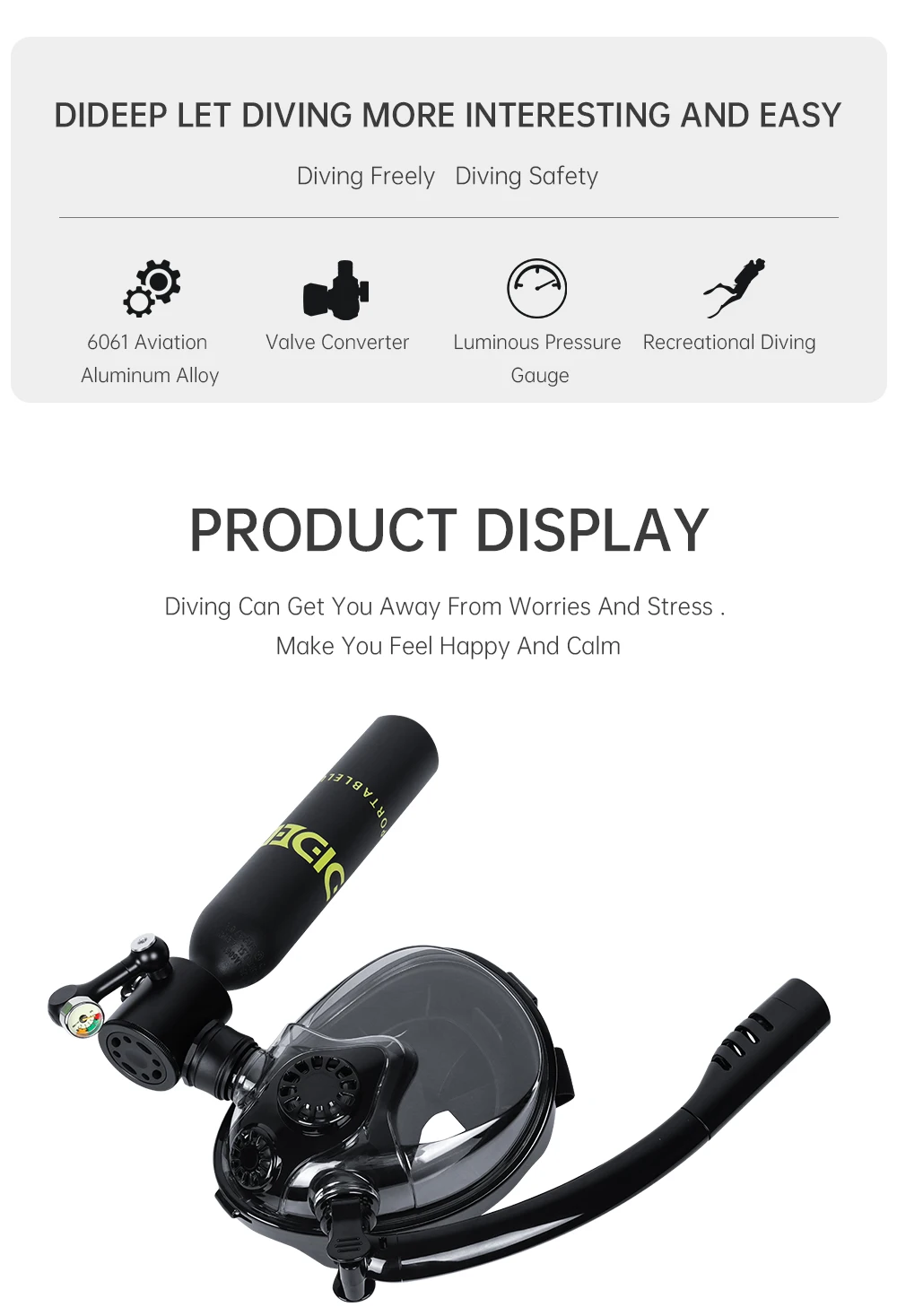 DIDEEP 0.5L Scuba Diving Lung Mini Tank with Full Face Mask