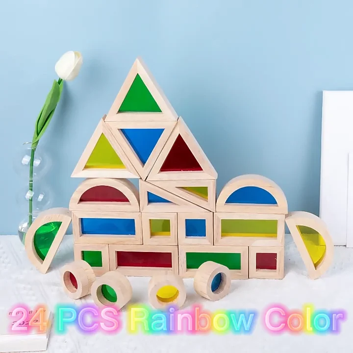 Commiki Children's Acrylic Rainbow Building Blocks Educational Wooden ...