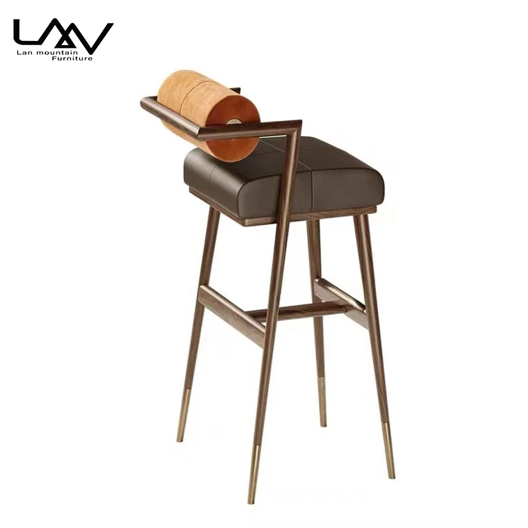 Modern Walnut Wood Frame Bar Chair with Leather Cushion for Café, Hotel ...