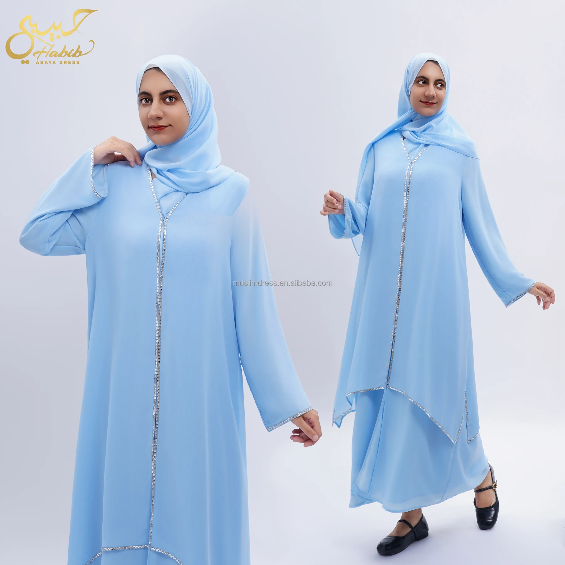 Habib 3 Piece Abaya Set - Sky Blue Crystal Diamond Open Hijab