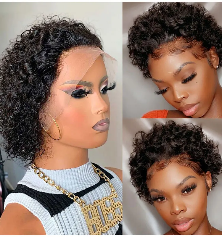 Perruque Pixie Cut Wig - Human Hair Curly Bob Short Pixie