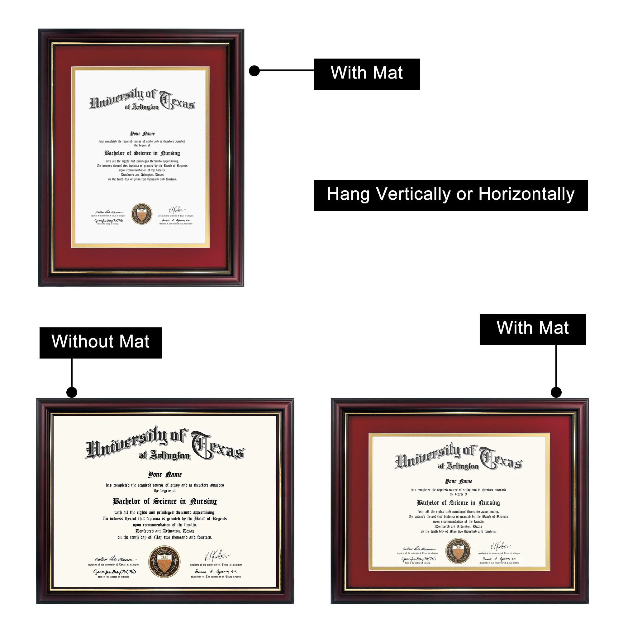 Wood Graduation Diploma Frame Displays Certificate Frame With Mat Or ...
