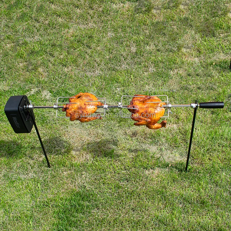 Outdoor Open Fire Camping Spit Rod Kit Rack Bbq Rotisserie Standing ...